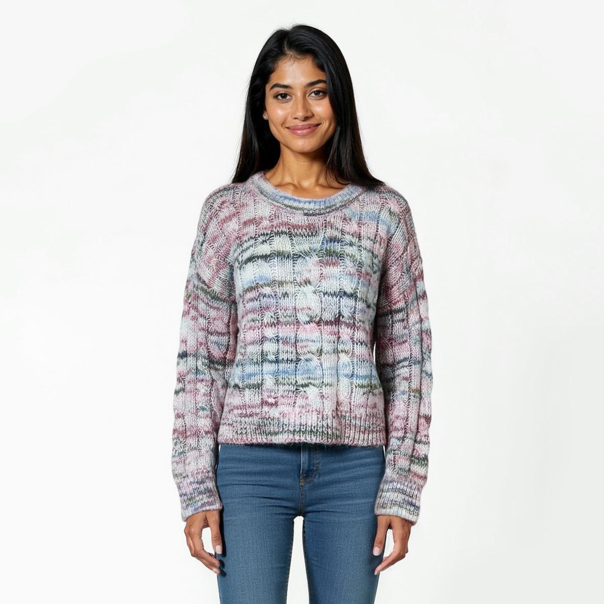 Click here for Juniors Pink Rose Marled Cable Knit Crew Neck Swea... prices